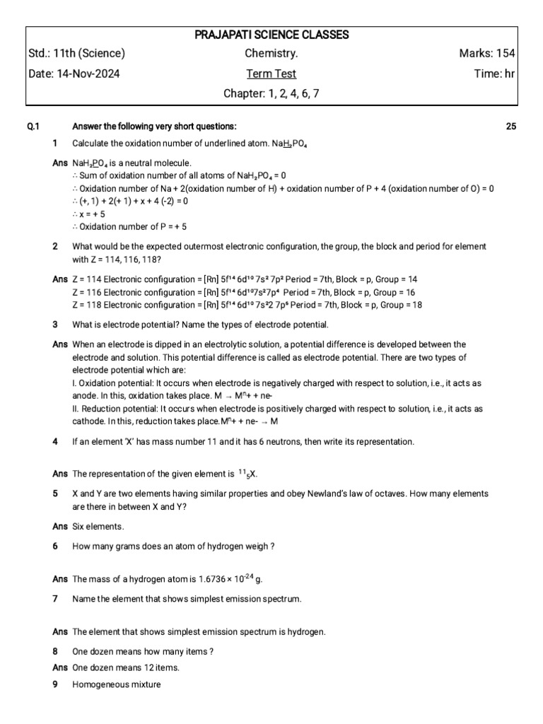Chemistry Term Test for 11th Grade Students | PDF | Ion | Atomic Orbital