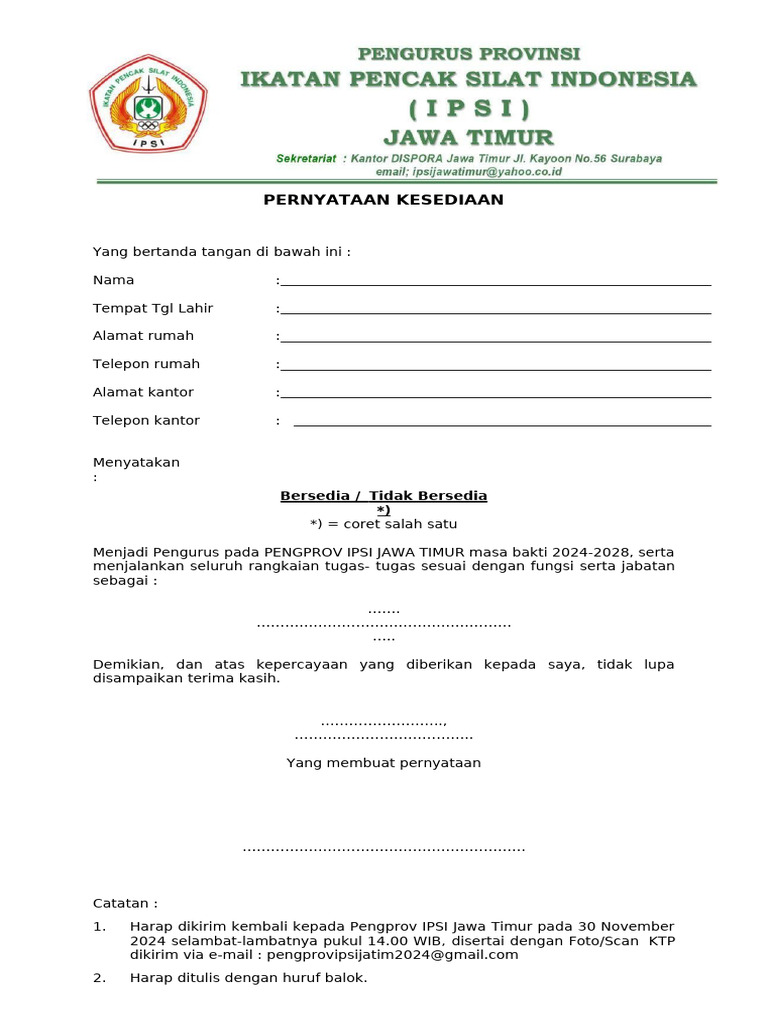 Pernyataan Kesediaan Menjadi Pengurus | PDF