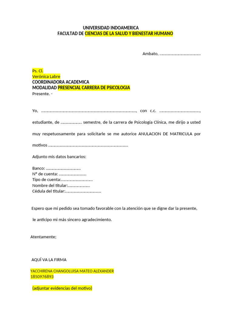 Solicitud Anulacion de Matricula (1) | PDF