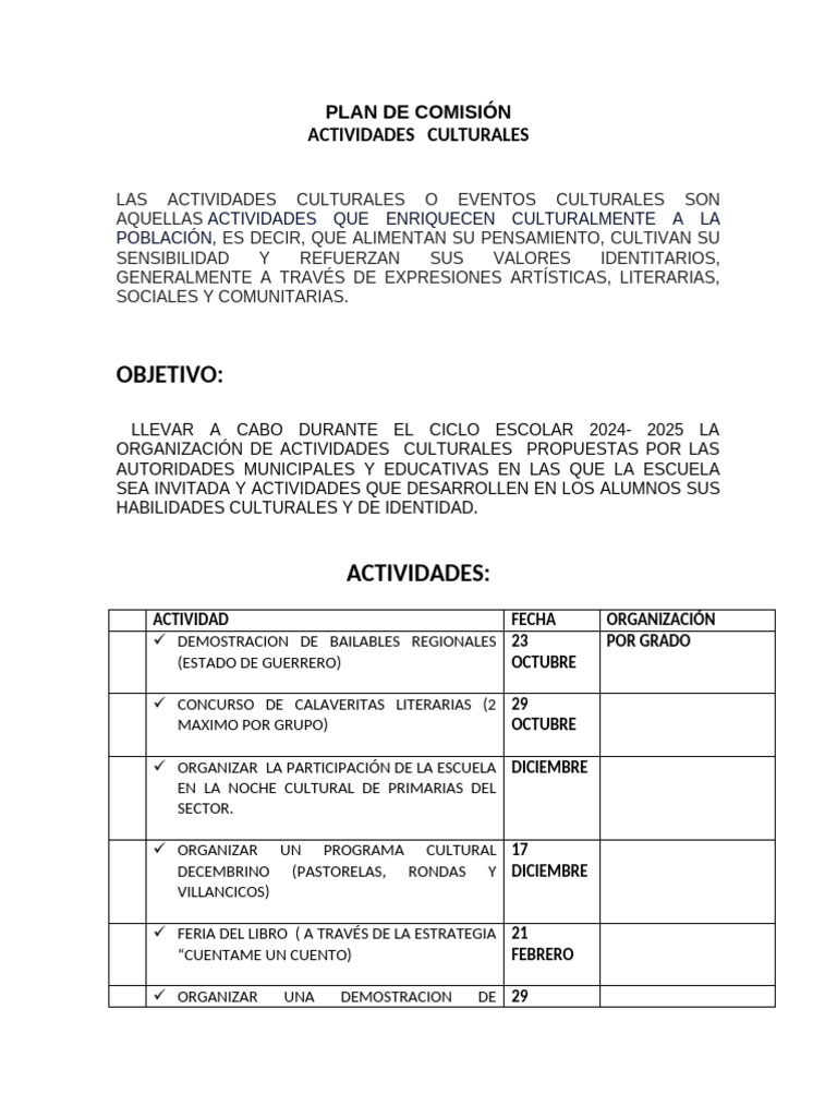 Plan de Comision Act. Culturales | PDF