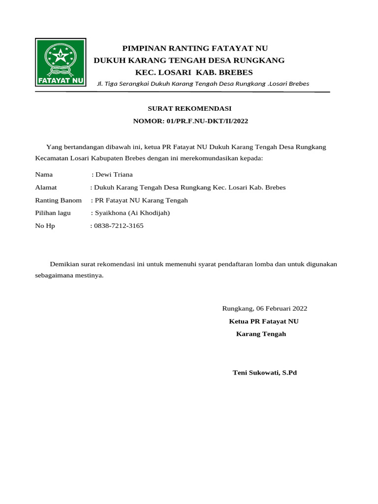 Surat Rekomendasi Lomba Desa | PDF