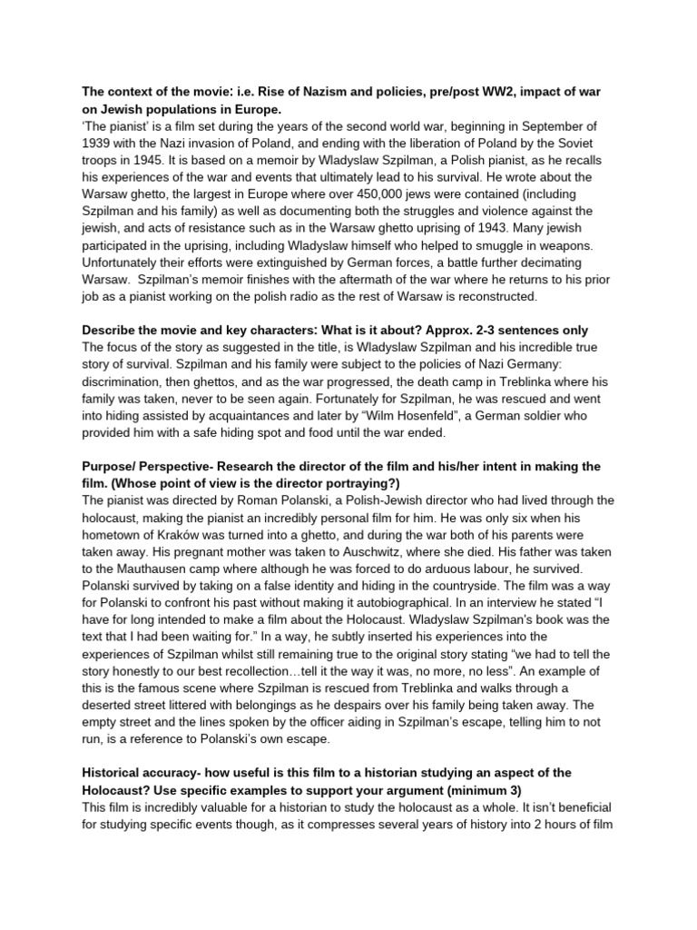 Historical Analysis of The Pianist | PDF | The Holocaust | World War II