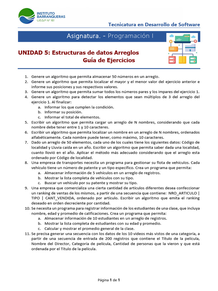 Unidad 5 - Estructuras de Datos ARREGLOS - Ejercicios Practicos | PDF | Algoritmos | Programa de ...