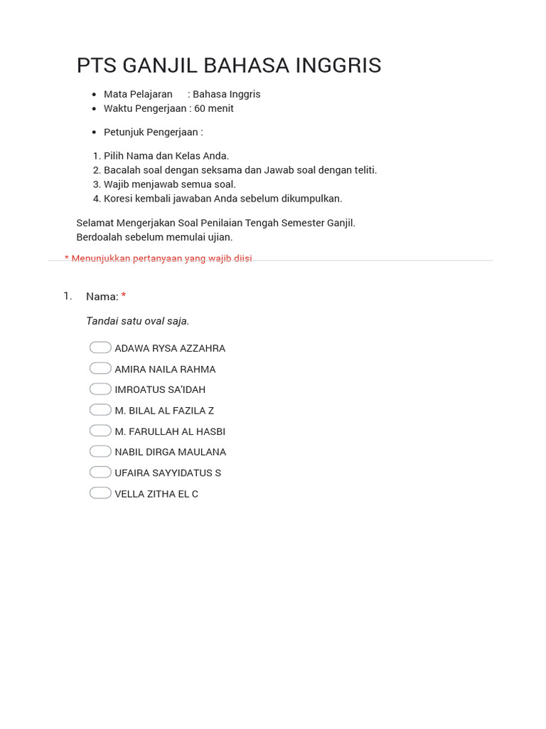 Pts Ganjil Bahasa Inggris - Google Formulir | PDF