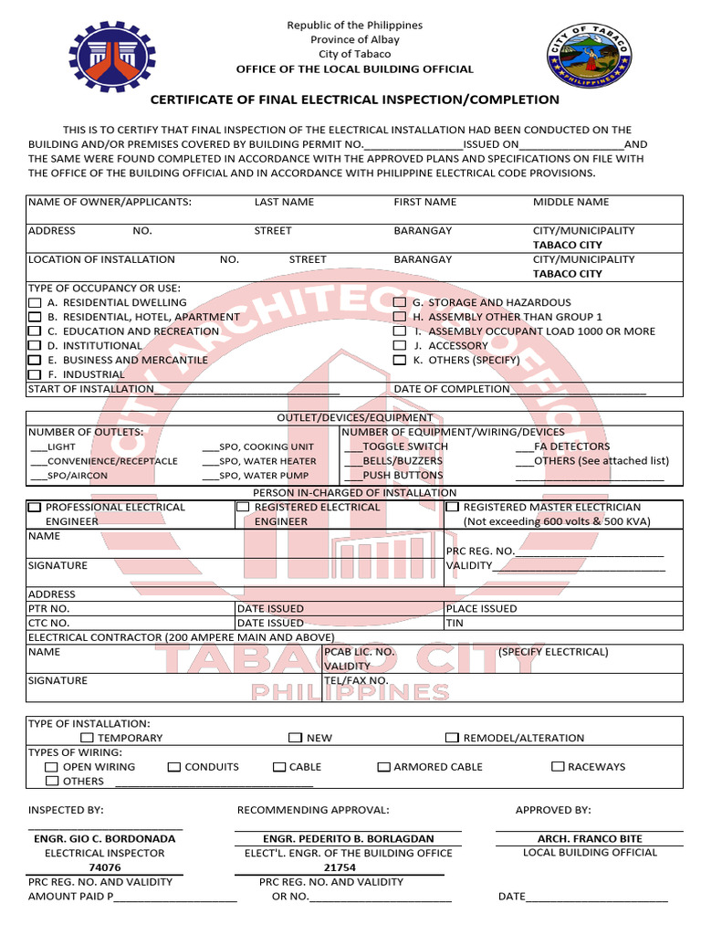 Final Electrical Inspection Certificate | PDF | Electrical Wiring ...