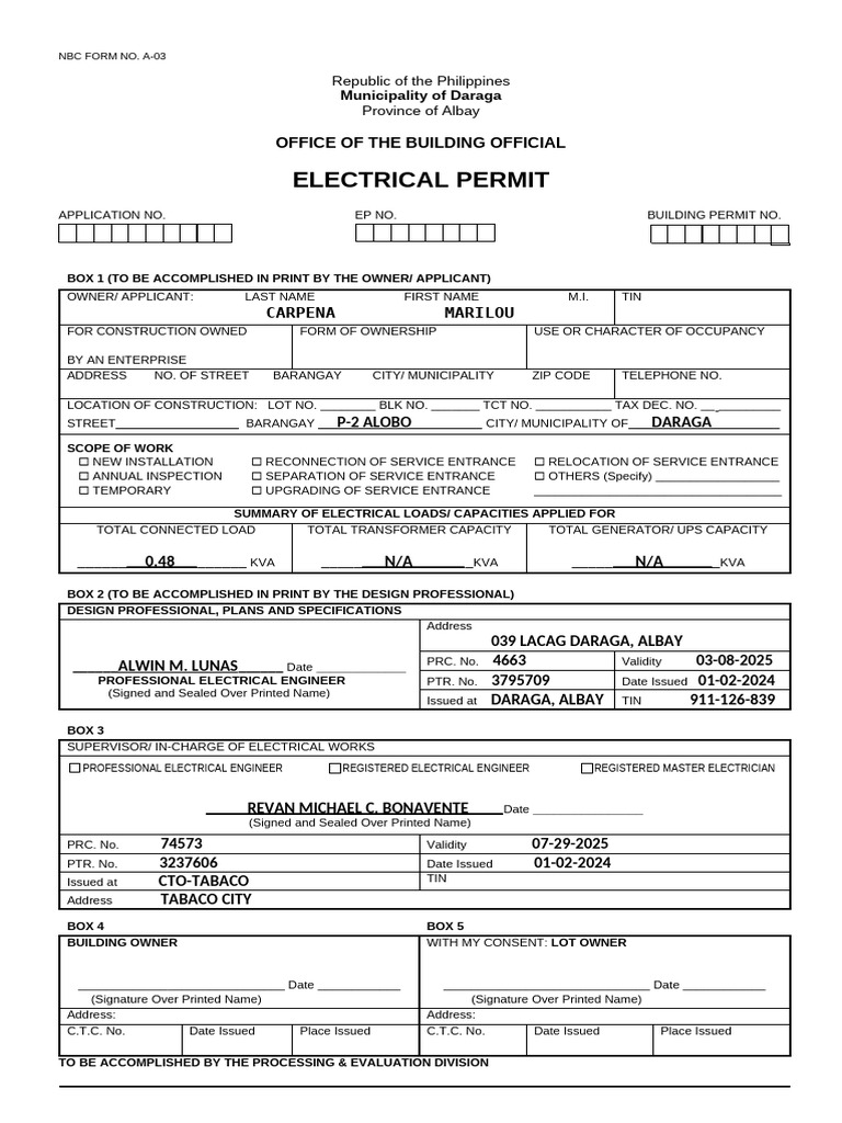 Daraga Electrical Permit | PDF