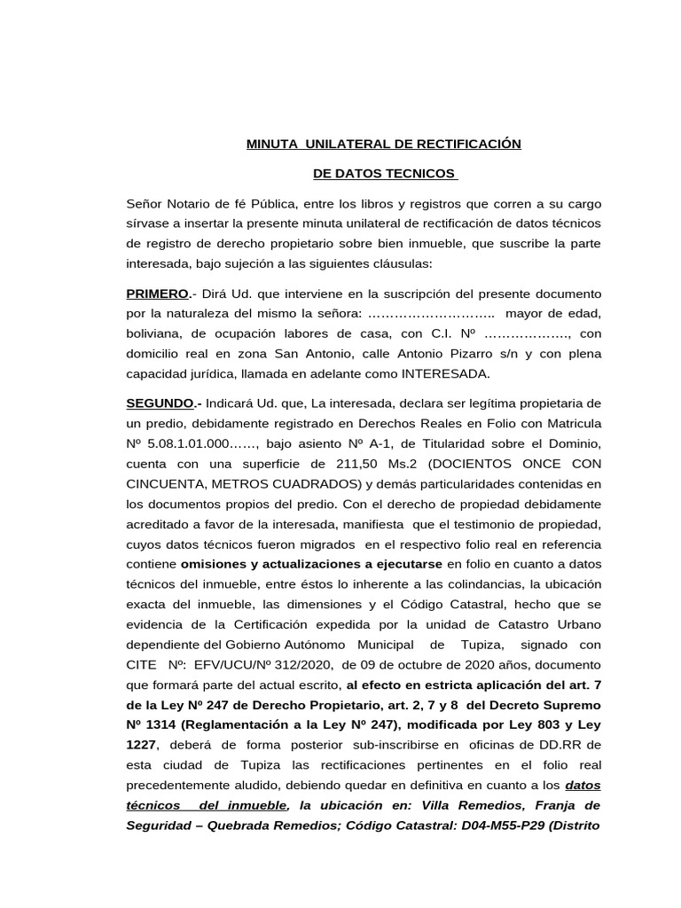 MINUTA UNILATERAL DE RECTIFICACION DE DATOS TECNICOS | PDF | Ley de recursos naturales | Derecho ...