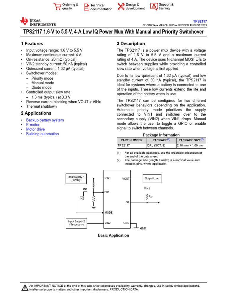 TPS2117 1.6V-5.5-V - 4A Low IQ Power Mux - tps2117 | PDF ...