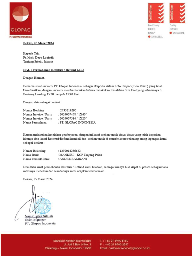 Surat Permohonan Refund | PDF