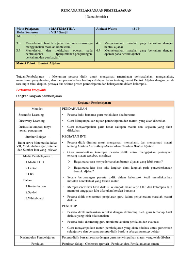 New - MTK 7. RPP Bentuk Aljabar 10 | PDF