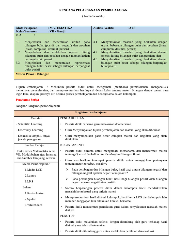 New - MTK 7. RPP Bilangan 3 | PDF