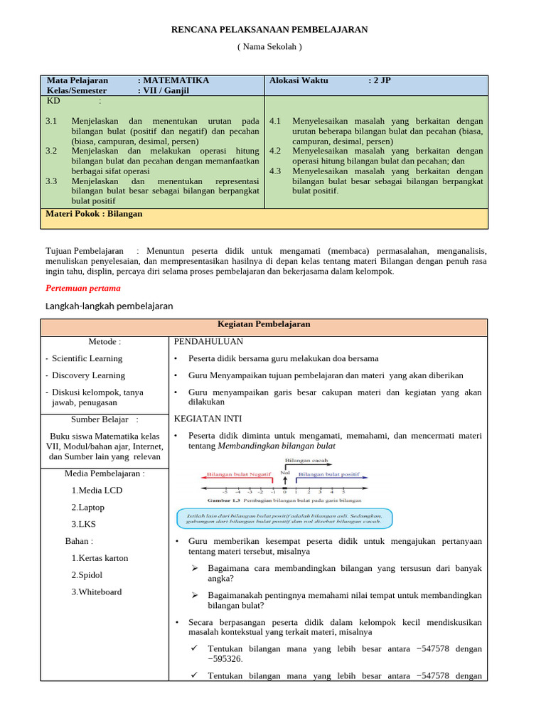 New - MTK 7. RPP Bilangan 1 | PDF