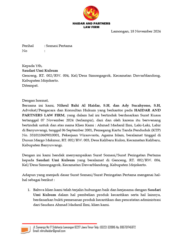 SURAT SOMASI PERTAMA UMI KULSUM 19 November | PDF