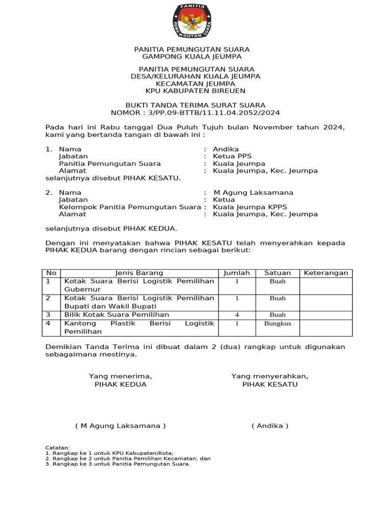 CONTOH BA SERAH TERIMA SURAT SUARA TPS 3 | PDF