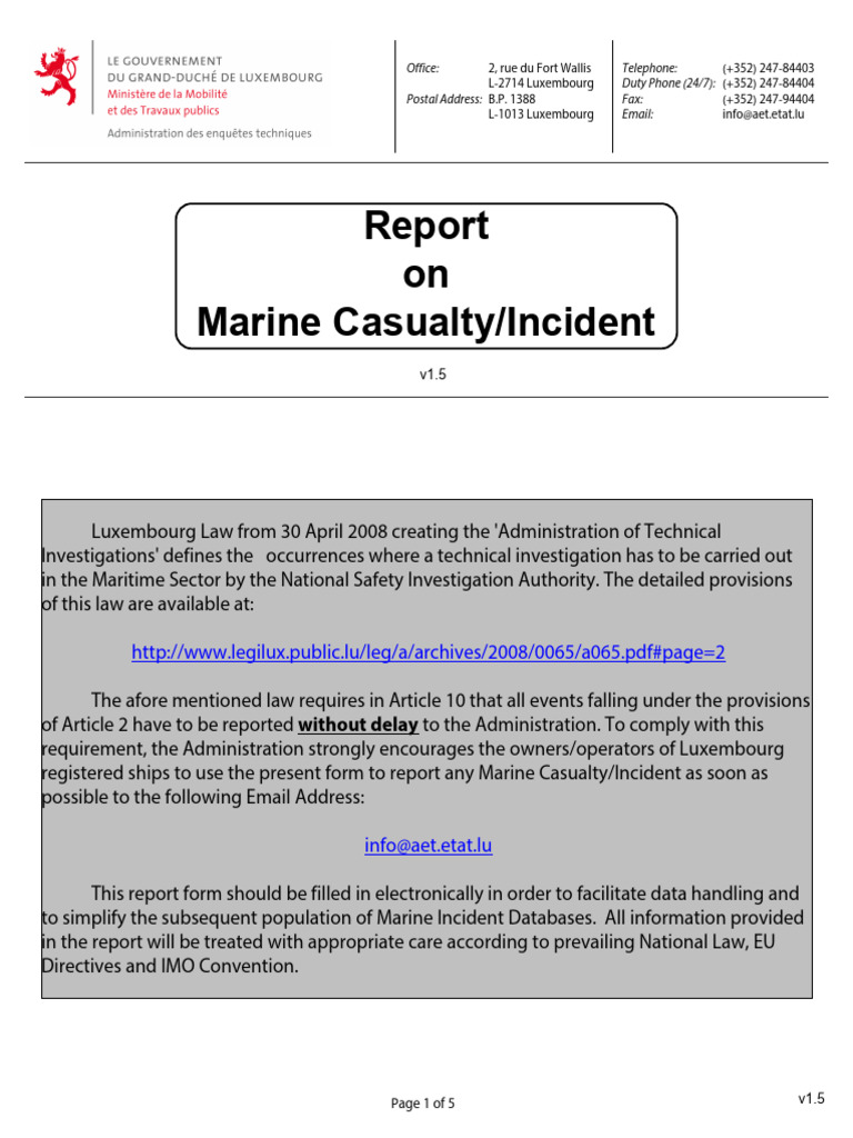 Luxembourg Maritime Casualty and Incident Report Form | PDF | Ships | Port