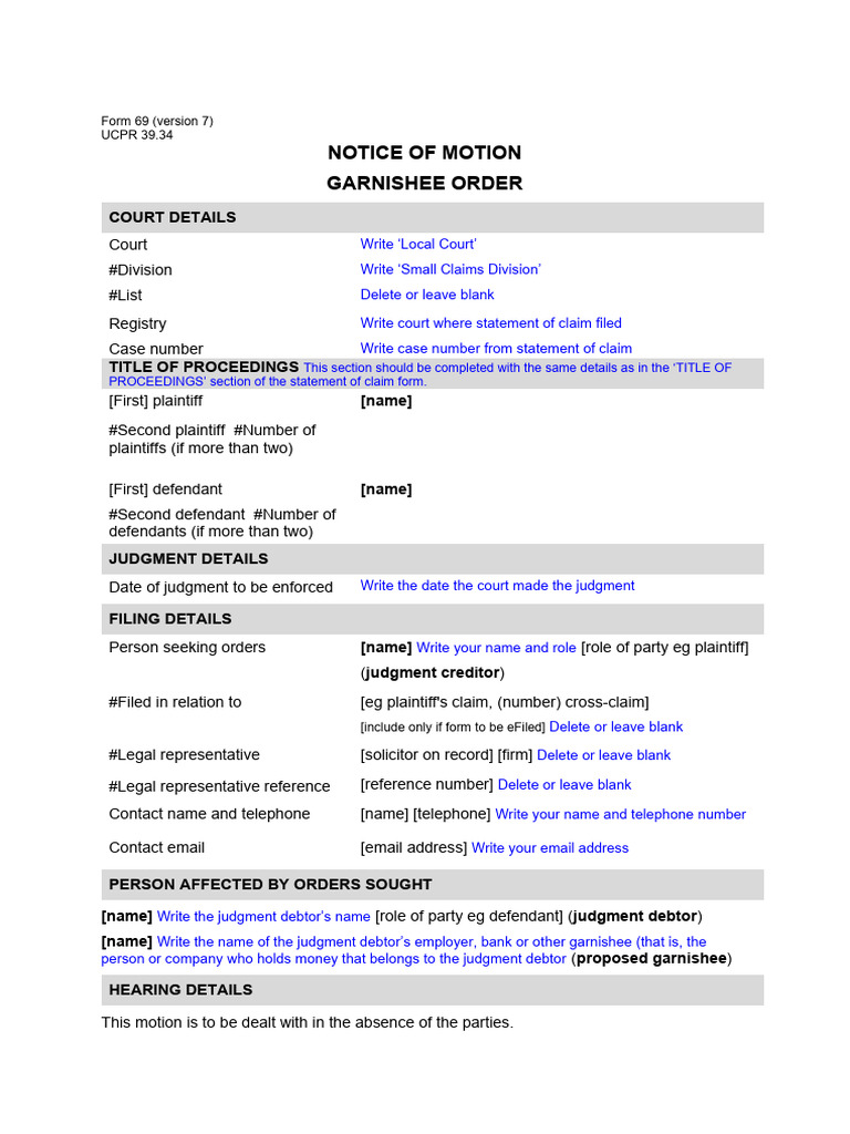 Instructions - Notice of Motion Garnishee Order | PDF | Garnishment ...