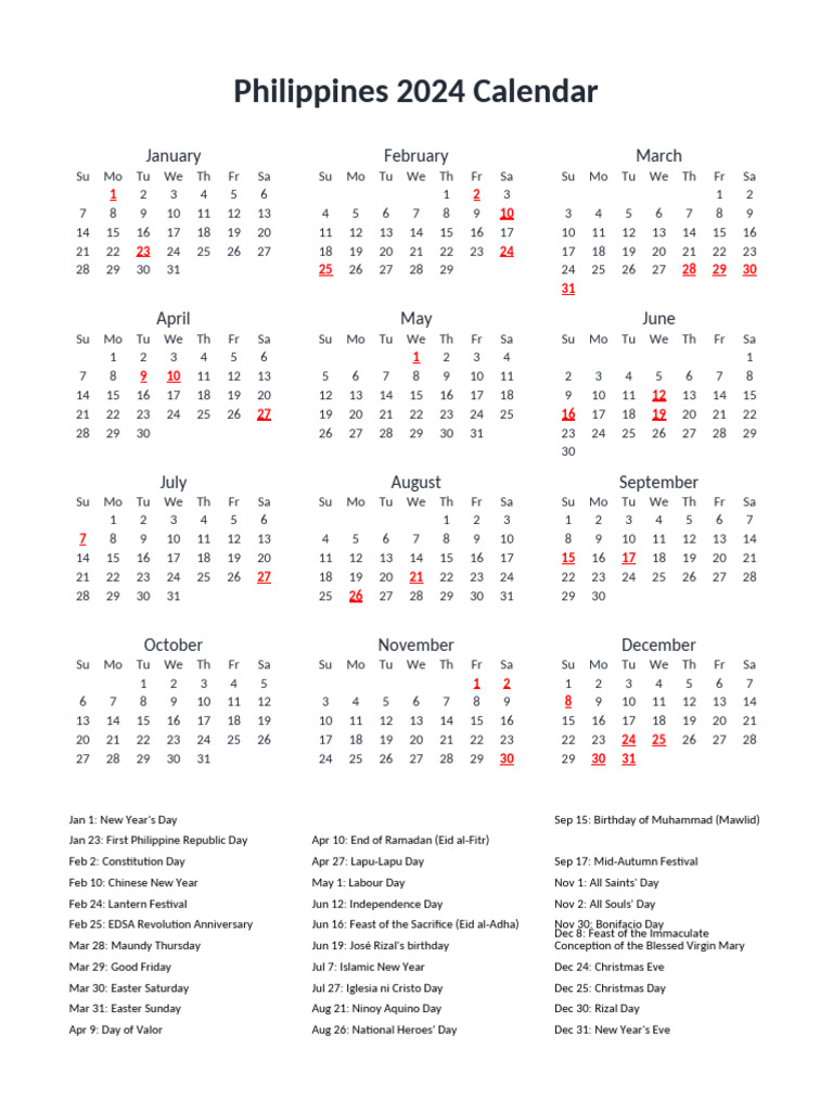 2024 Calendar Printable With Holidays Portrait Sunday Start en PH | PDF ...