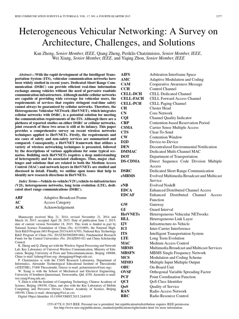 Heterogeneous Vehicular Networking A Survey On Architecture Challenges ...