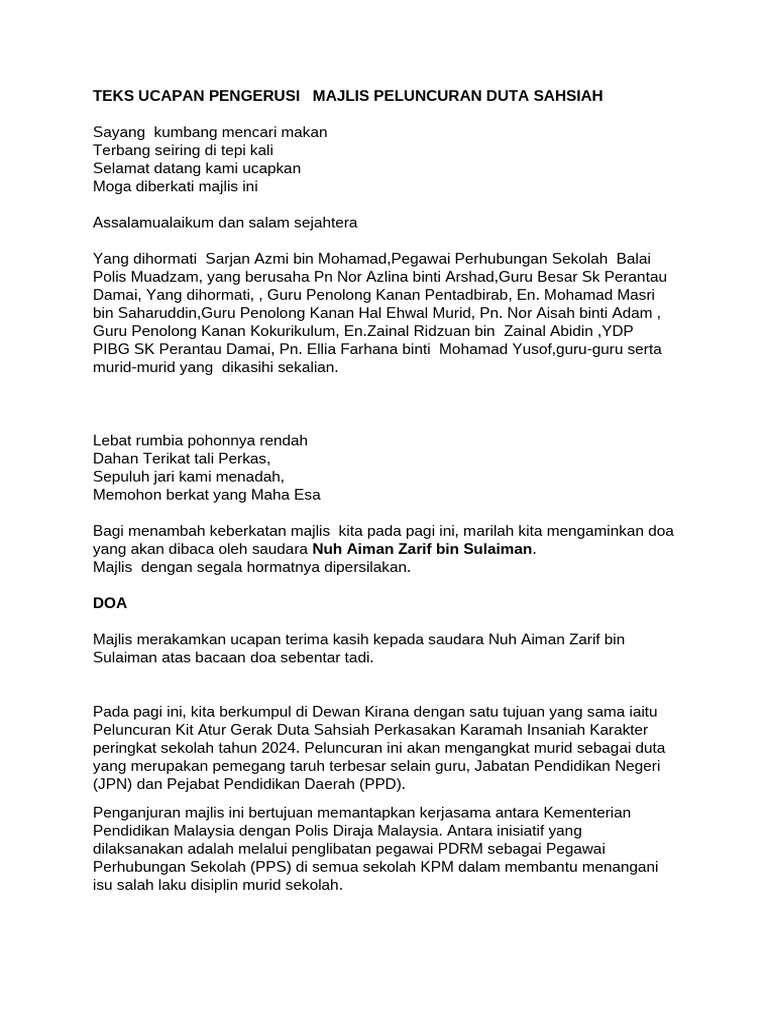 Teks Ucapan Pengerusi Duta Sahsiah 2024 | PDF