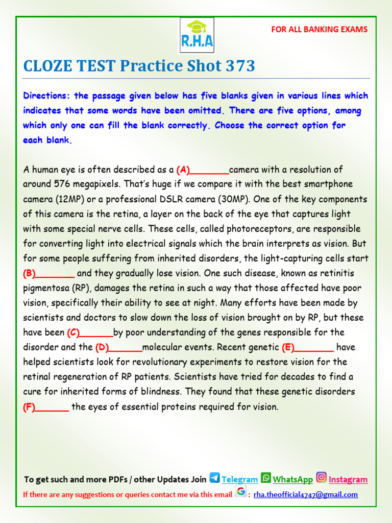 CLOZE TEST Practice Shot 373 | PDF | Retina | Visual Perception