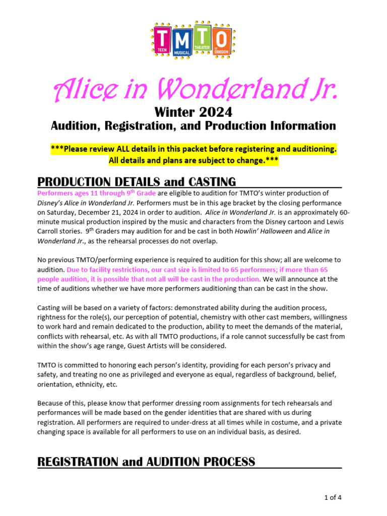 Alice Jr. Audition Info Packet | PDF | Audition | Alice (Alice's Adventures In Wonderland)