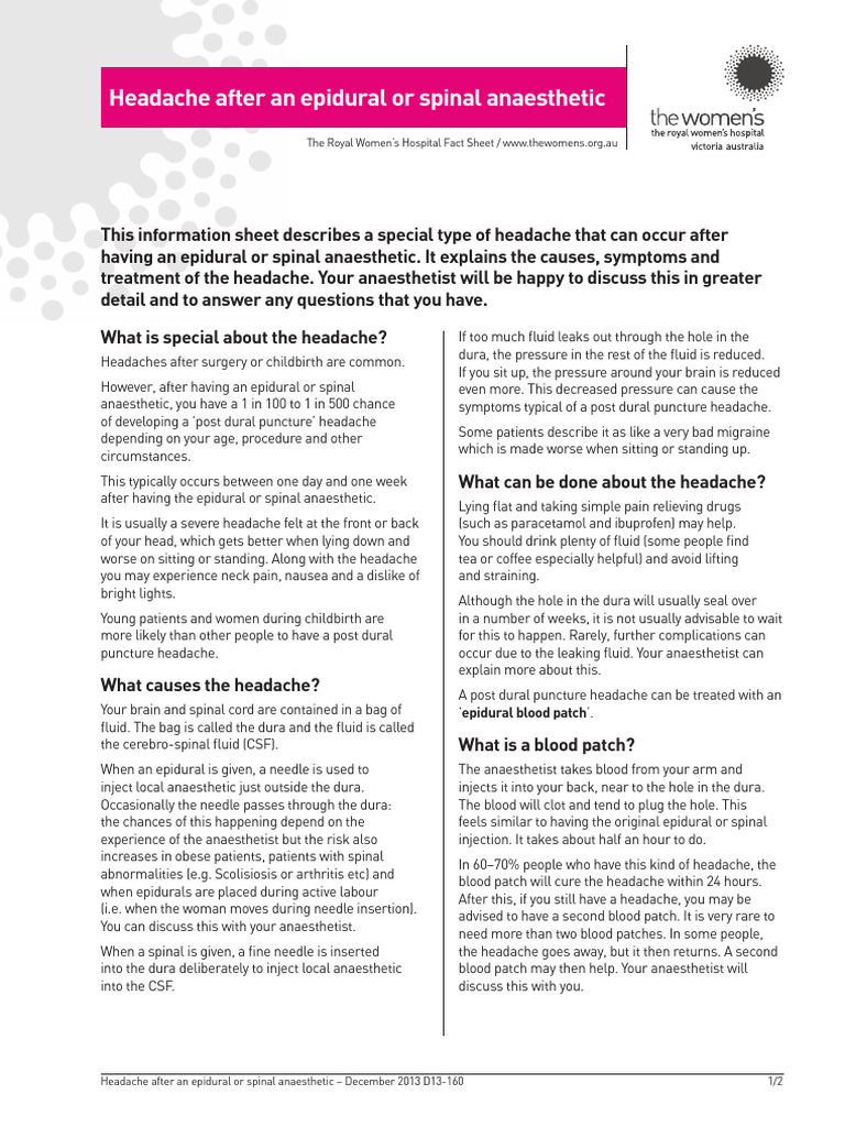 Headache After Epidural Spinal Anaesthetic2 | PDF | Headache | Causes ...