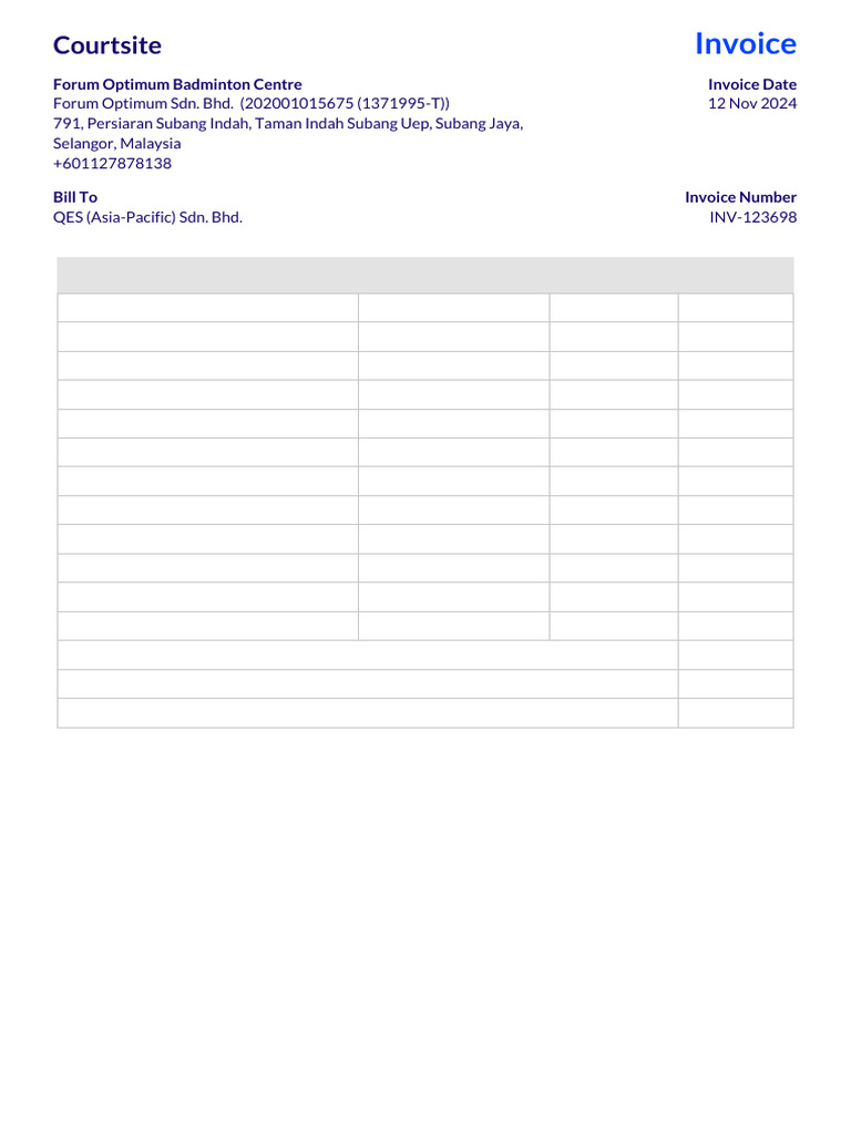 Badminton Court Booking Invoice | PDF