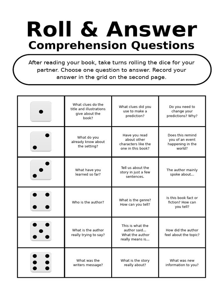 Comprehension Question Game Digital Worksheet in Clean Design | PDF