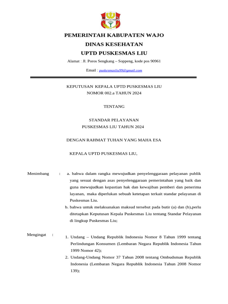 SK Standar Pelayanan 2023 PKM LIU Fix | PDF