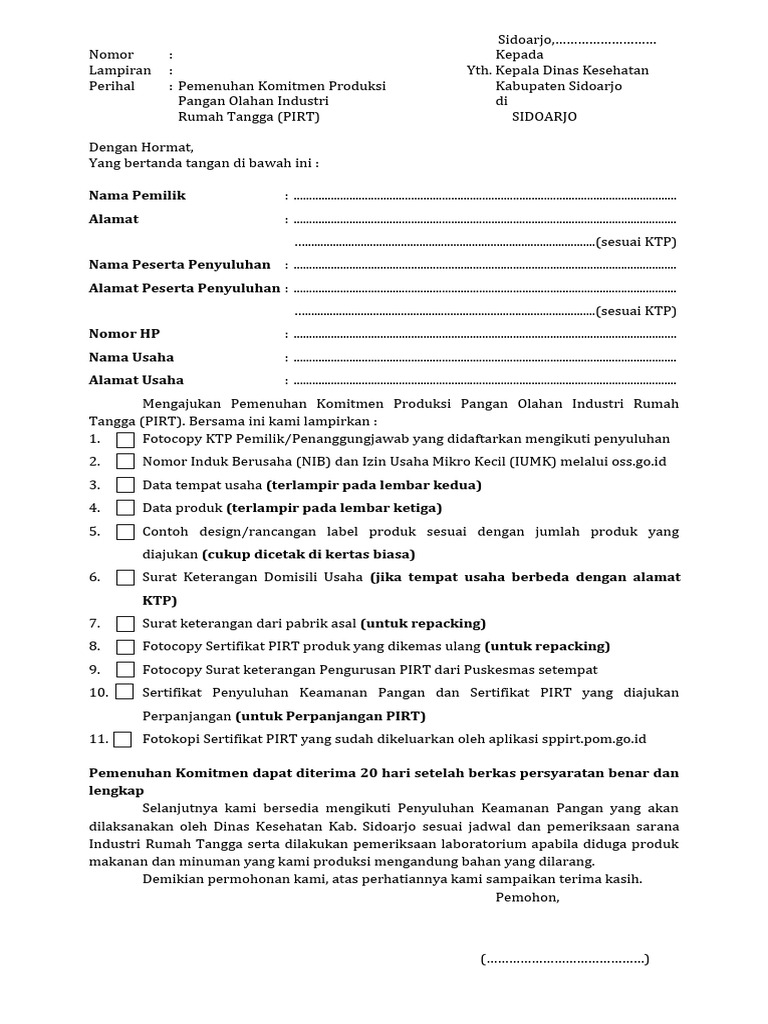 Formulir Pemenuhan Komitmen SPP-IRT Baru Dan Perpanjangan | PDF