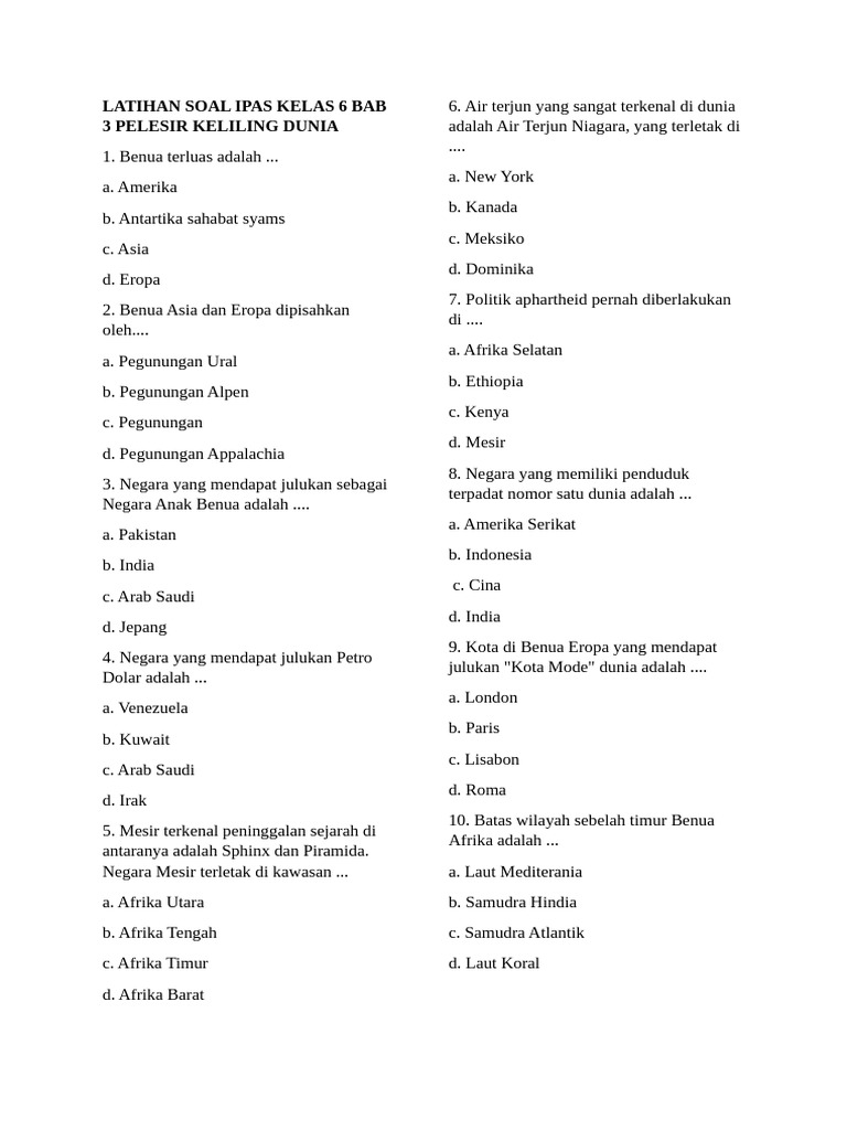 Latihan Soal Ipas Kelas 6 Bab 3 Pelesir Keliling Dunia | PDF