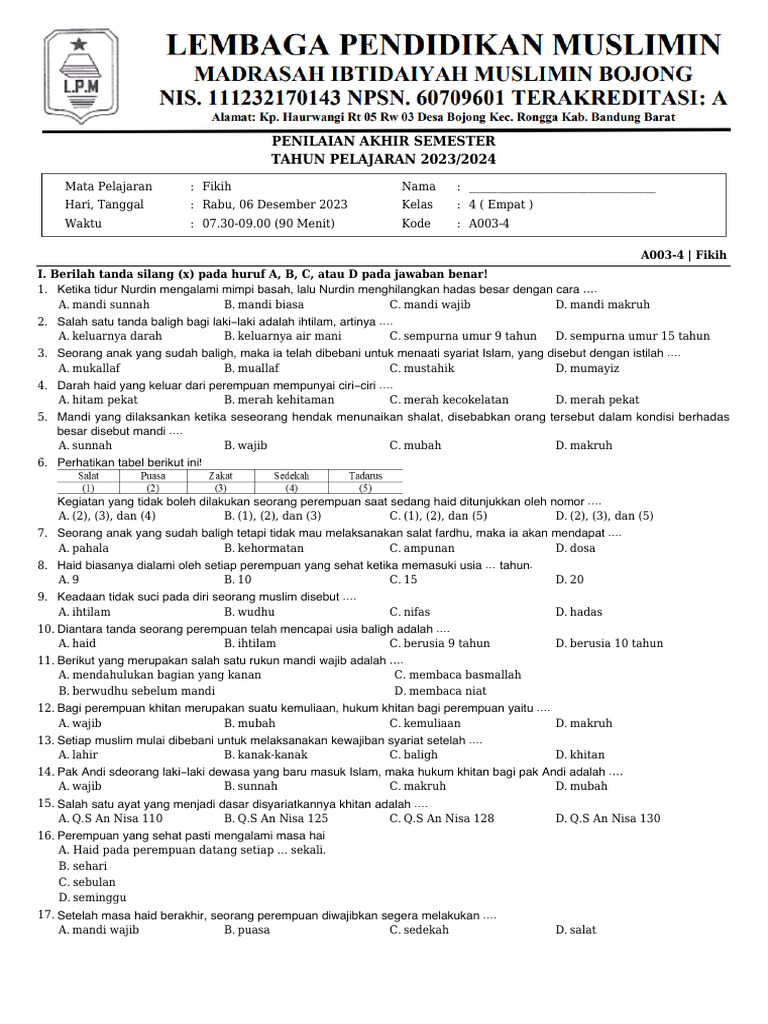 Soal_TP. 2023_2024_A003-4_Fikih_Kelas 4_Madrasah Ibtidaiyah Muslimin Bojong | PDF