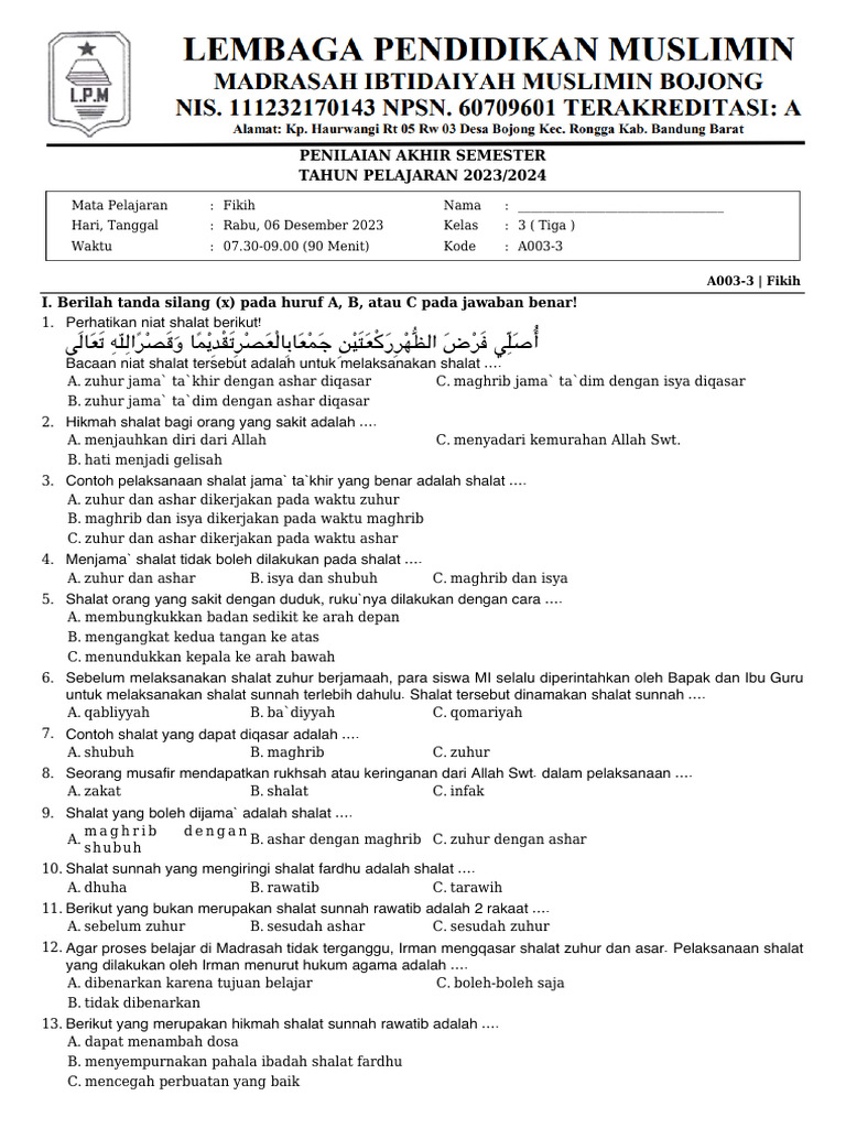 Soal - TP. 2023 - 2024 - A003-3 - Fikih - Kelas 3 - Madrasah Ibtidaiyah Muslimin Bojong | PDF