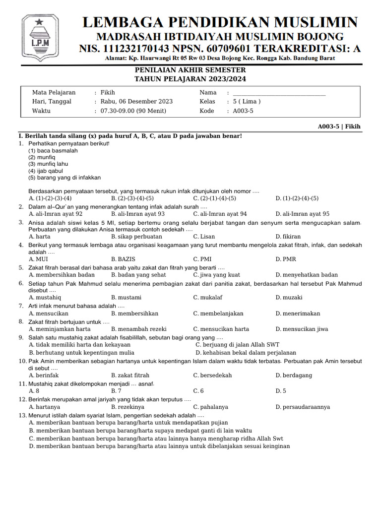 Soal - TP. 2023 - 2024 - A003-5 - Fikih - Kelas 5 - Madrasah Ibtidaiyah Muslimin Bojong | PDF