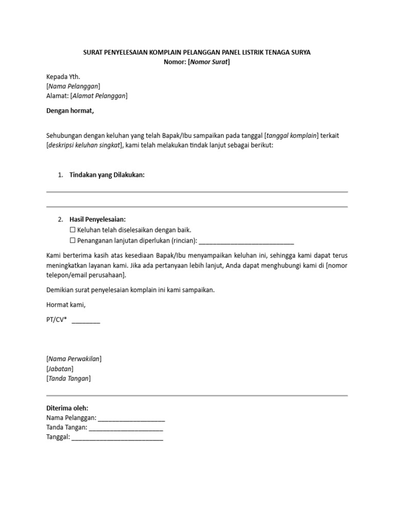 Surat Penyelesaian Komplain Pelanggan Panel Listrik | PDF