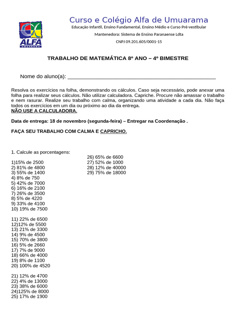 Atividades de Matemática 8º Ano - Porcentagens | PDF | Matemática