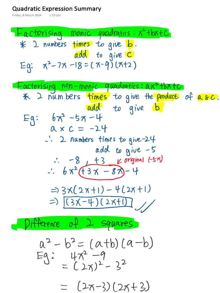 Quadratic Expression Summary | PDF