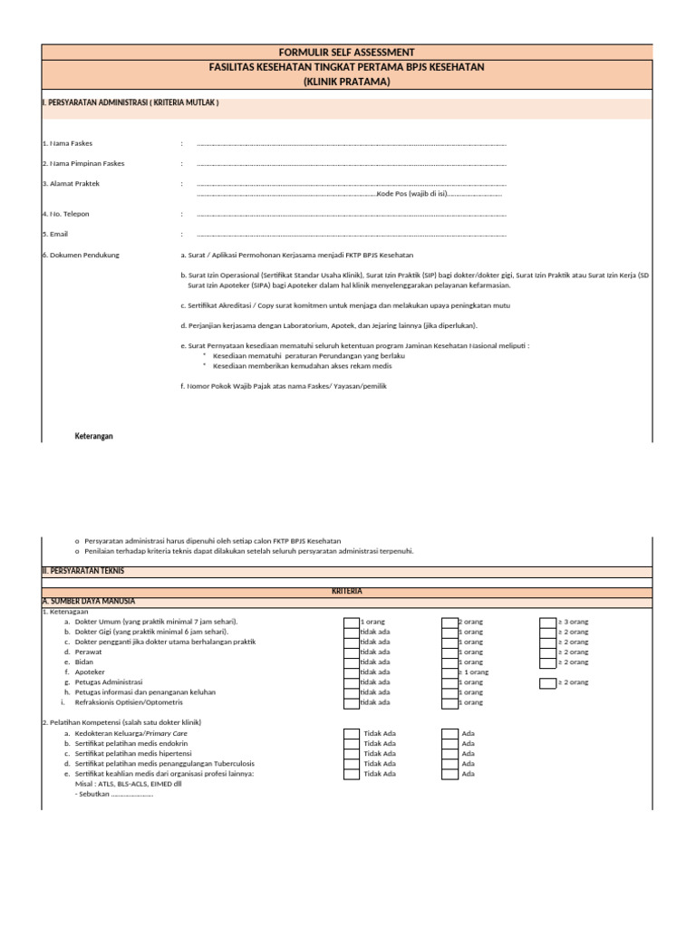 Formulir Self Assessment Pengajuan Calon FKTP Tahun 2022 | PDF