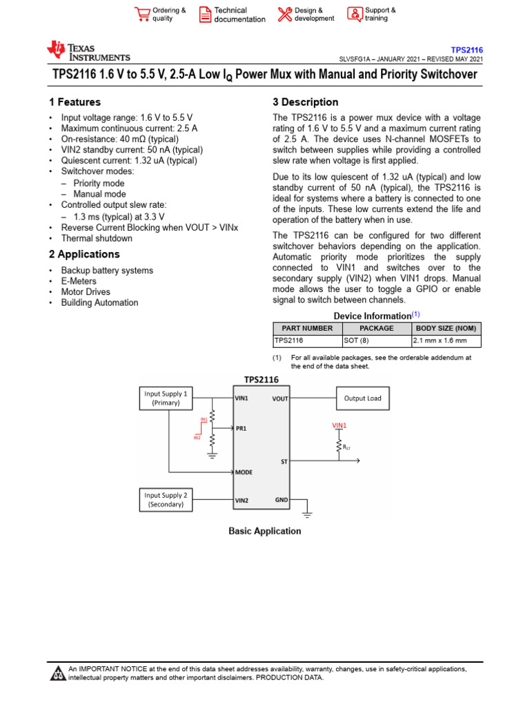 TPS2116 - 1.6V-5.5V - 2.5-A Low IQ | PDF | Electrostatic Discharge ...