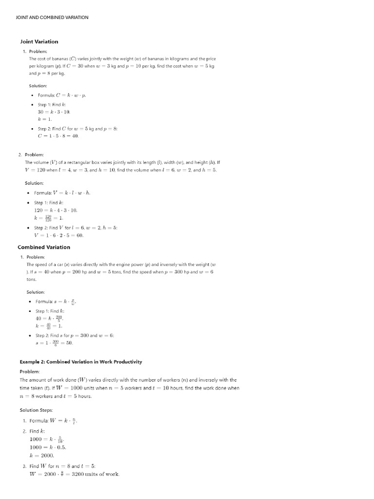 Joint And Combined Variation Pdf