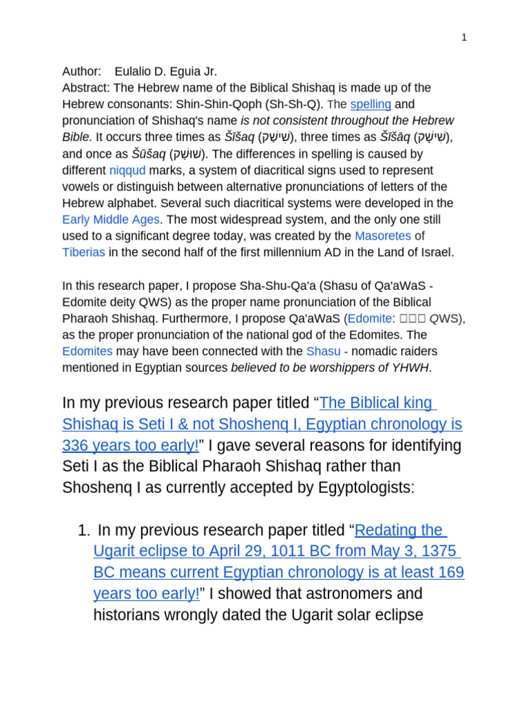 Proper Name Pronunciation of Pharaoh Shishaq Is ShaShuQa'a or Shasu of ...