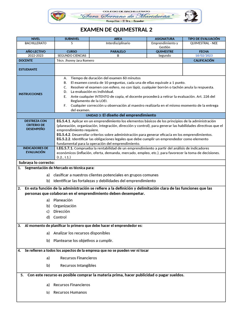 Exam - Emp_&_Gestión_2do -Q2 - NEE | PDF | Iniciativa empresarial | Planificación