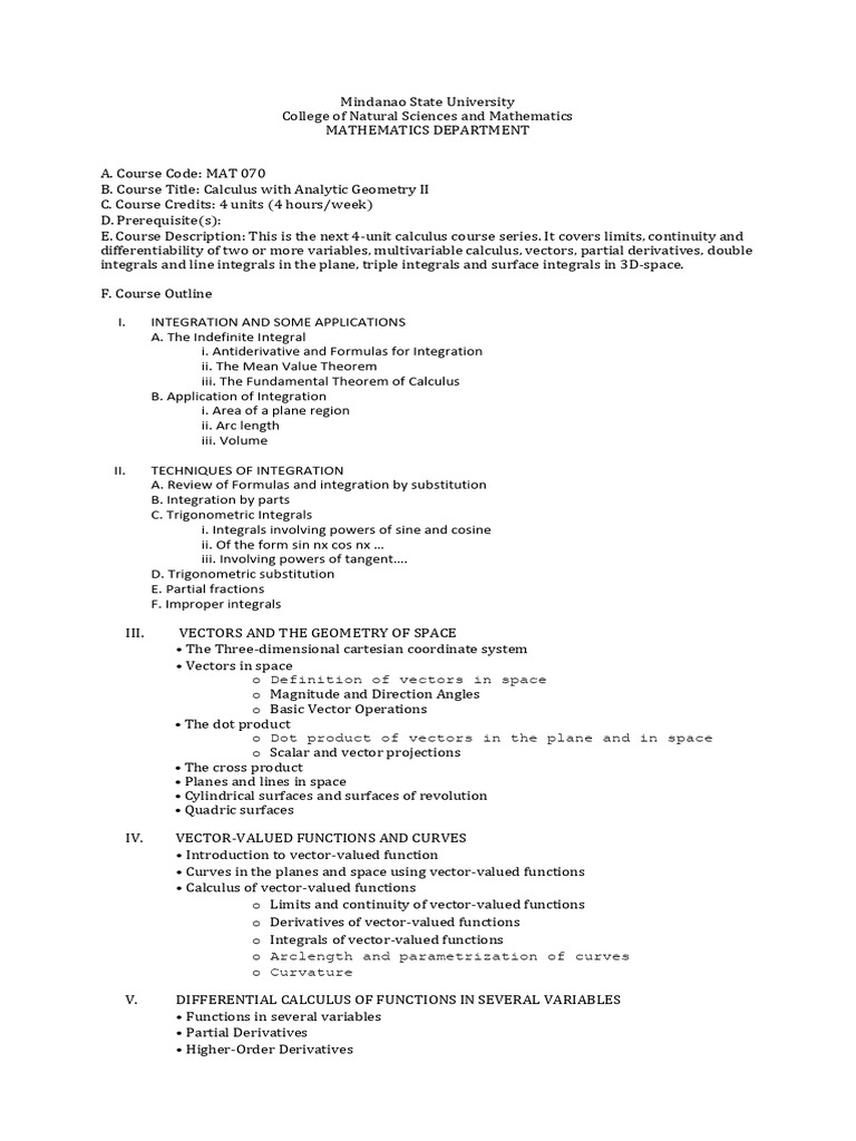 MAT_070_Syllabus | PDF | Integral | Derivative