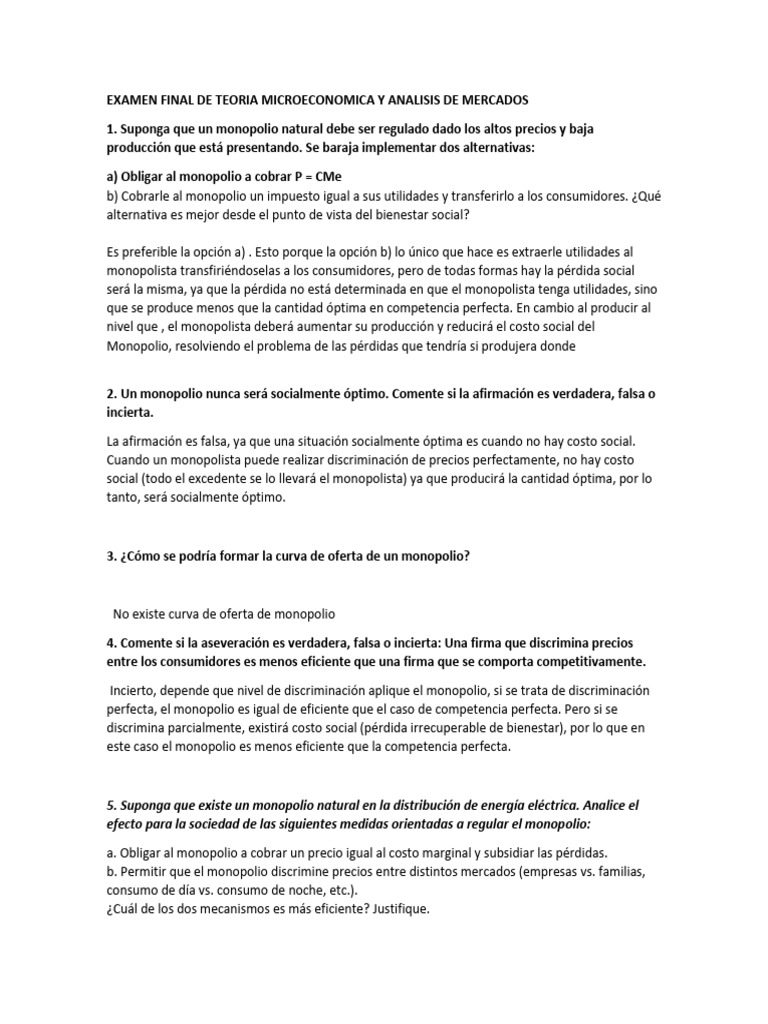 Examen Final Del Curso | PDF | Monopolio | Excedente económico