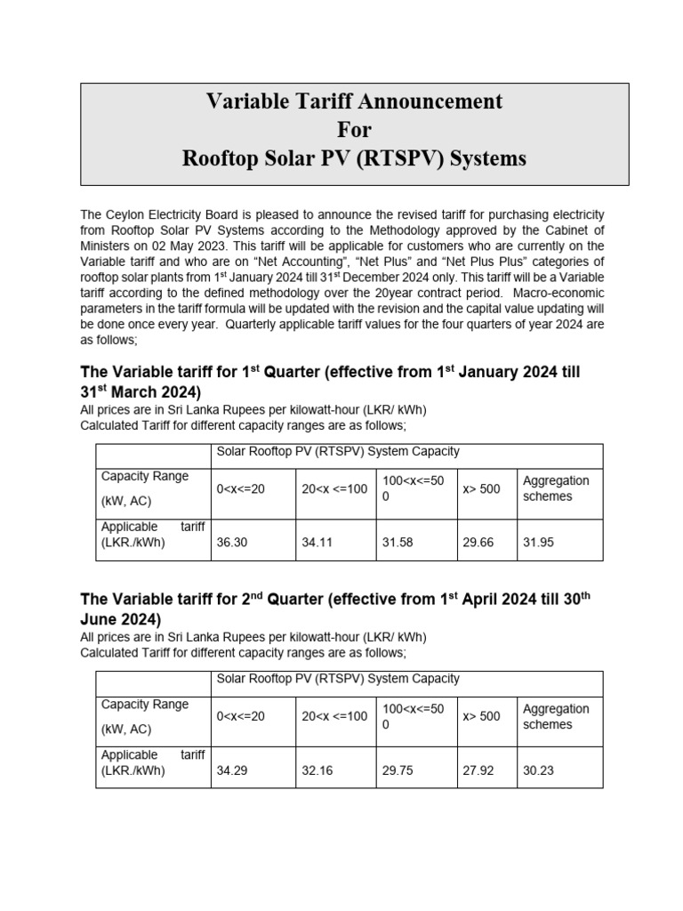 Variable Tariff Announcement For Rooftop Solar PV (RTSPV) Systems 2024 ...