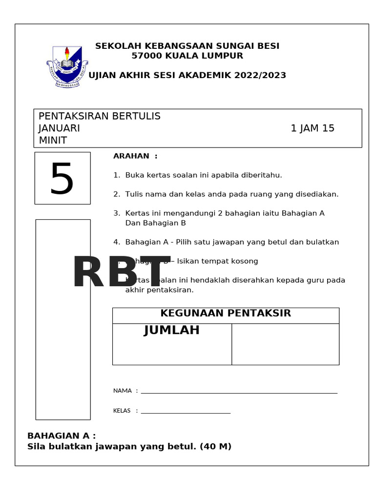 Soalan UASA RBT TAHUN 5 2022 | PDF