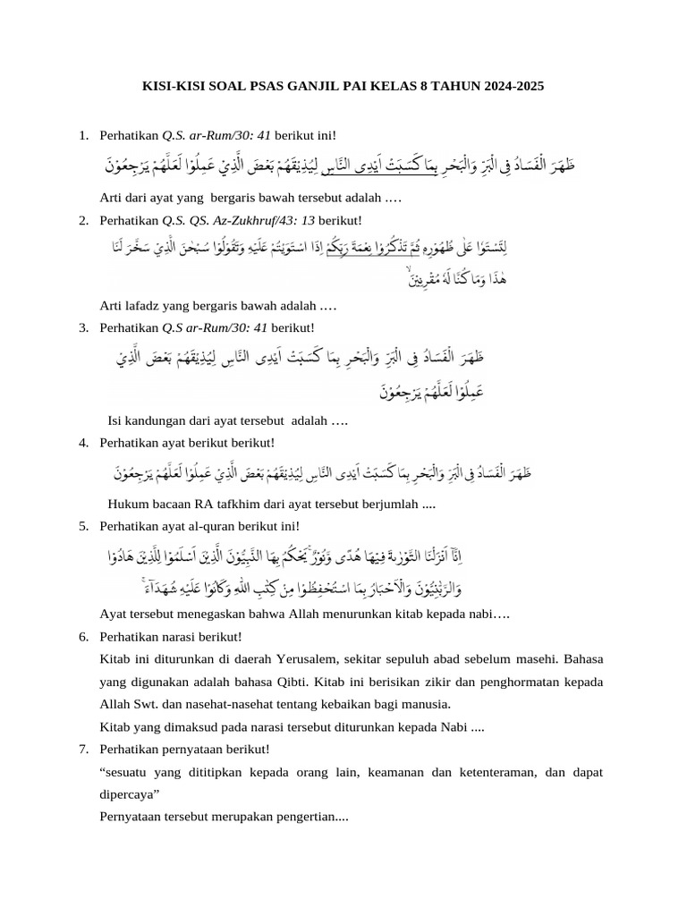 Kisi-kisi Psas Pai Kelas 8 | PDF