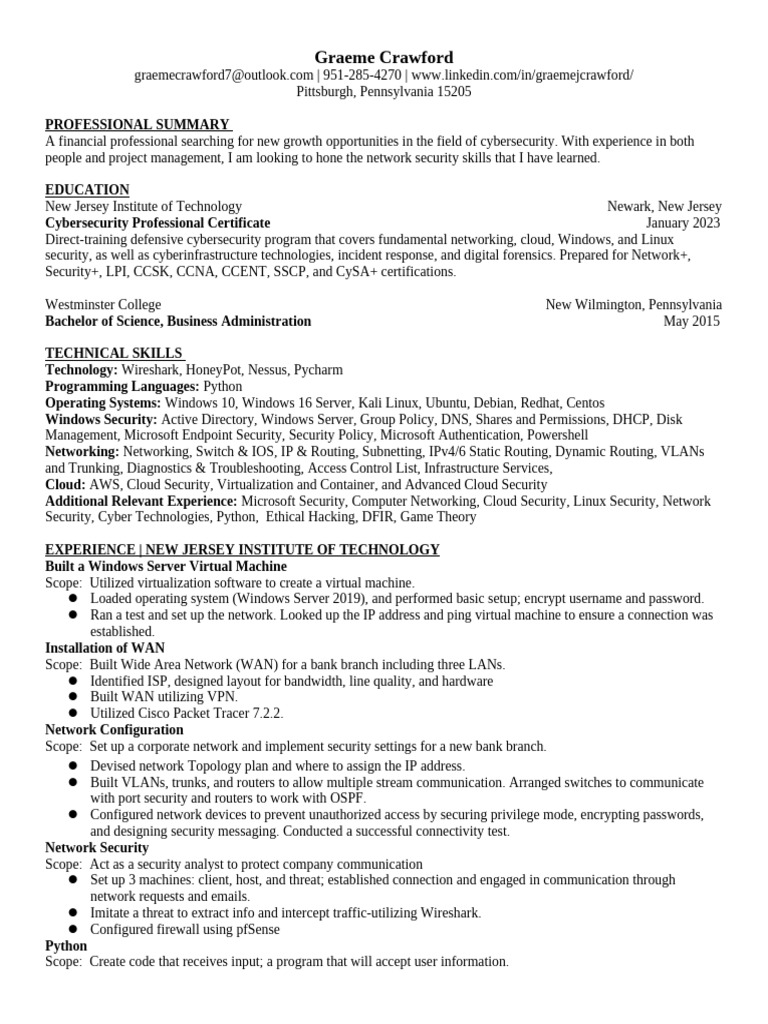 Crawford_CS_Resume_071924 | PDF | Computer Network | Computer Security