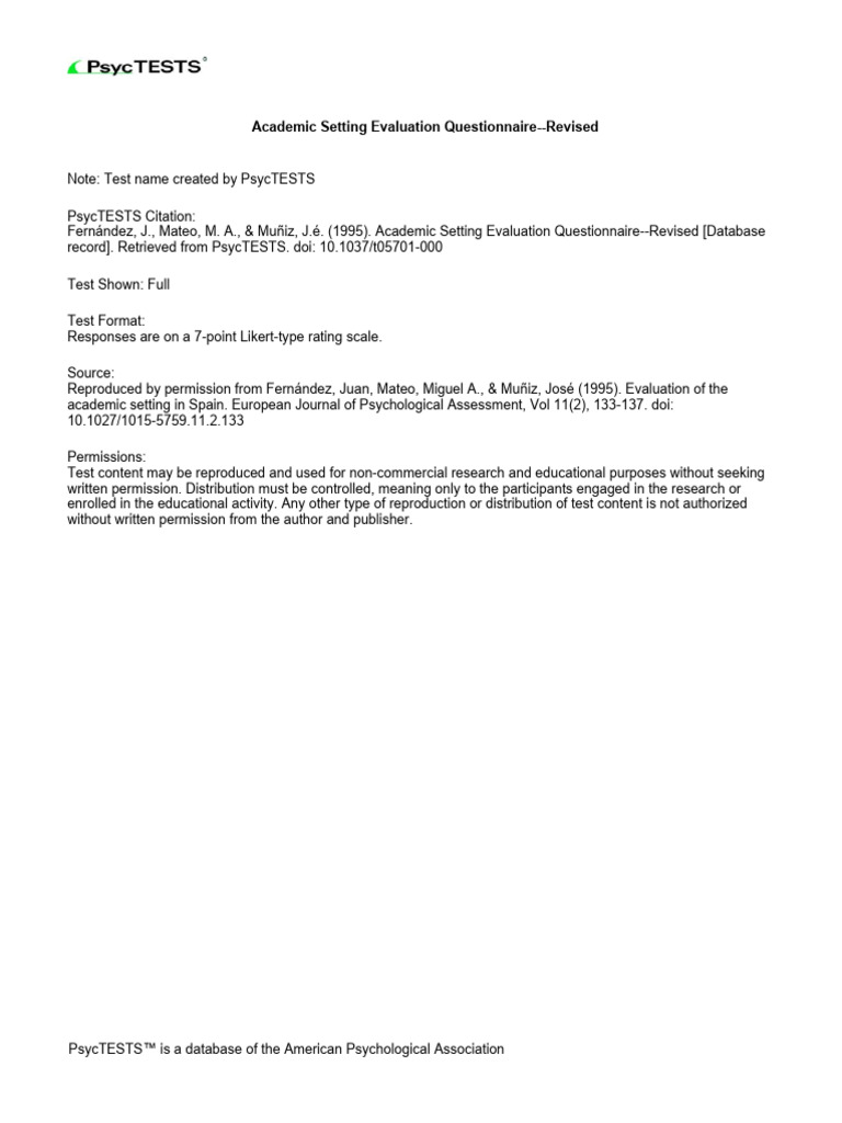 Revised Academic Setting Evaluation Tool | PDF | Psychology