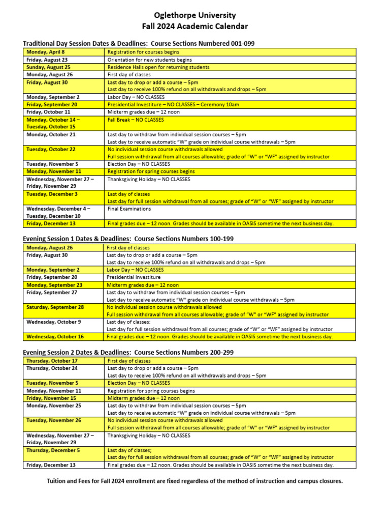 Oglethorpe University Fall 2024 Calendar | PDF | Academic Term ...